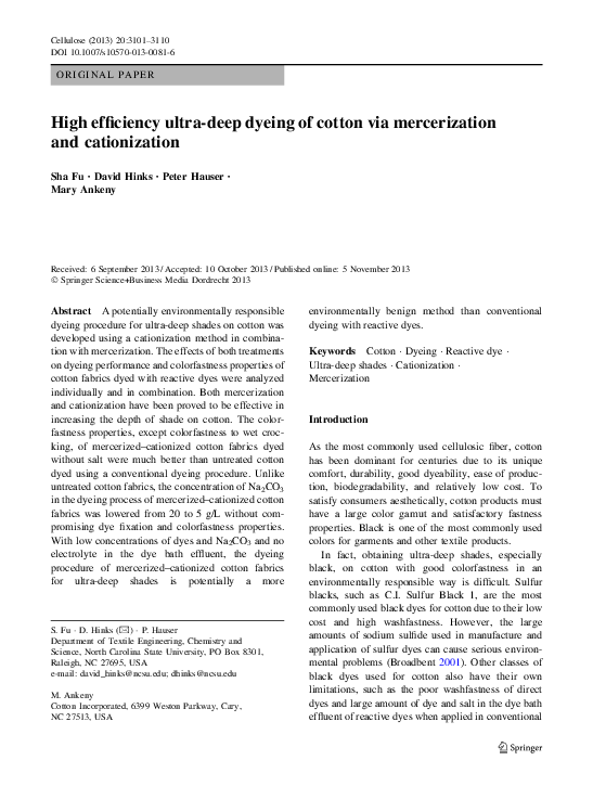 (PDF) High efficiency ultra-deep dyeing of cotton via mercerization and cationization