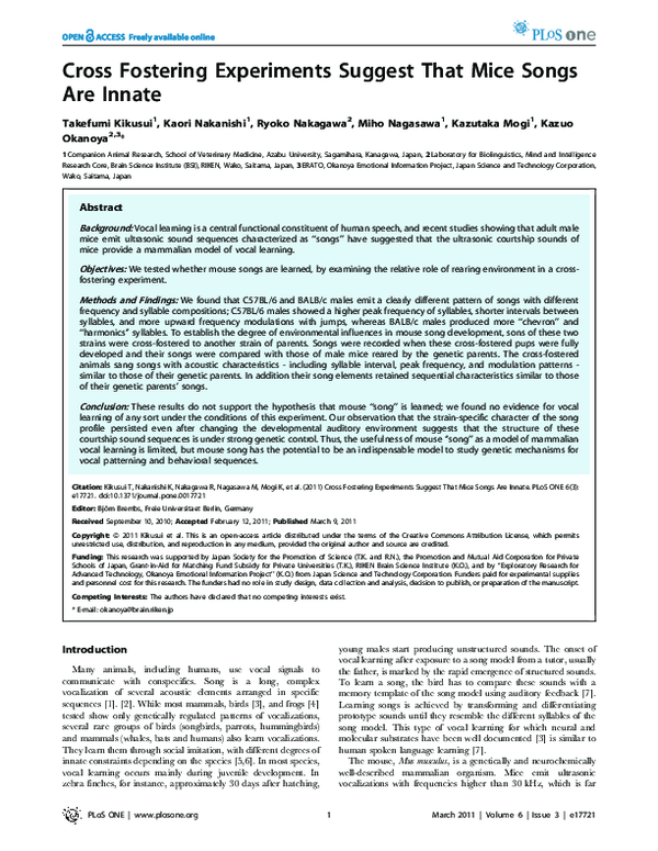 (PDF) Cross Fostering Experiments Suggest That Mice Songs Are Innate