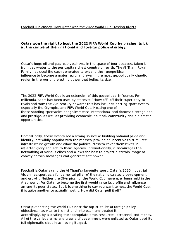 (DOC) Football Diplomacy: How Qatar won the 2022 FIFA World Cup hosting ...