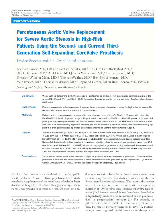 (PDF) Percutaneous aortic valve replacement for severe aortic stenosis in high-risk patients ...