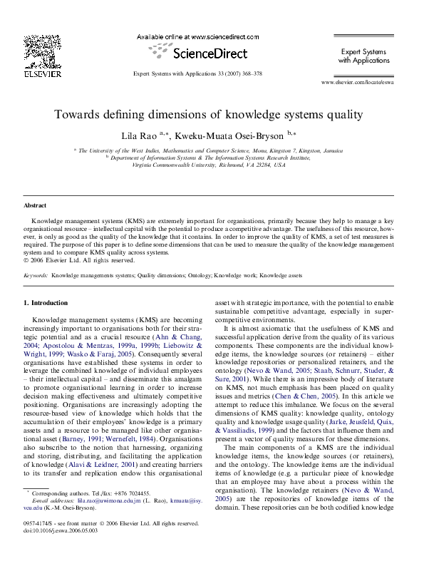 (PDF) Towards defining dimensions of knowledge systems quality