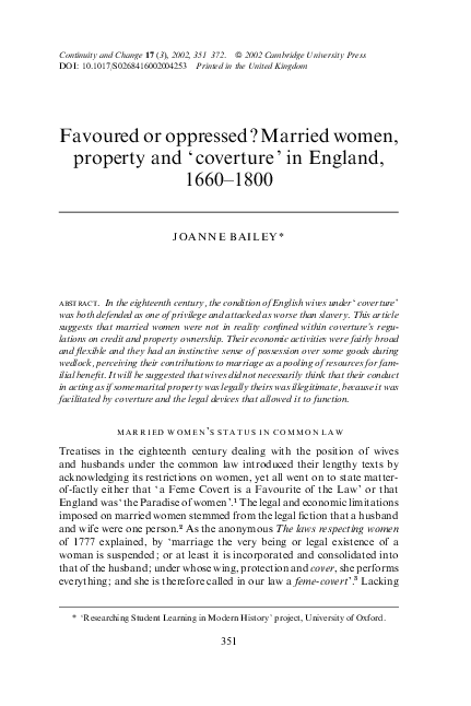 (PDF) Favoured or oppressed? Married women, property and 'coverture'in ...