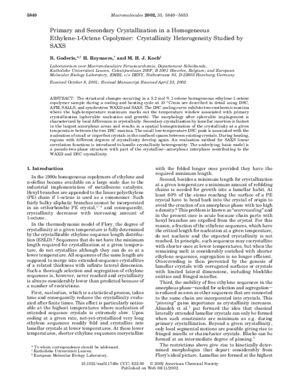 (PDF) Primary and Secondary Crystallization in a Homogeneous Ethylene-1 ...