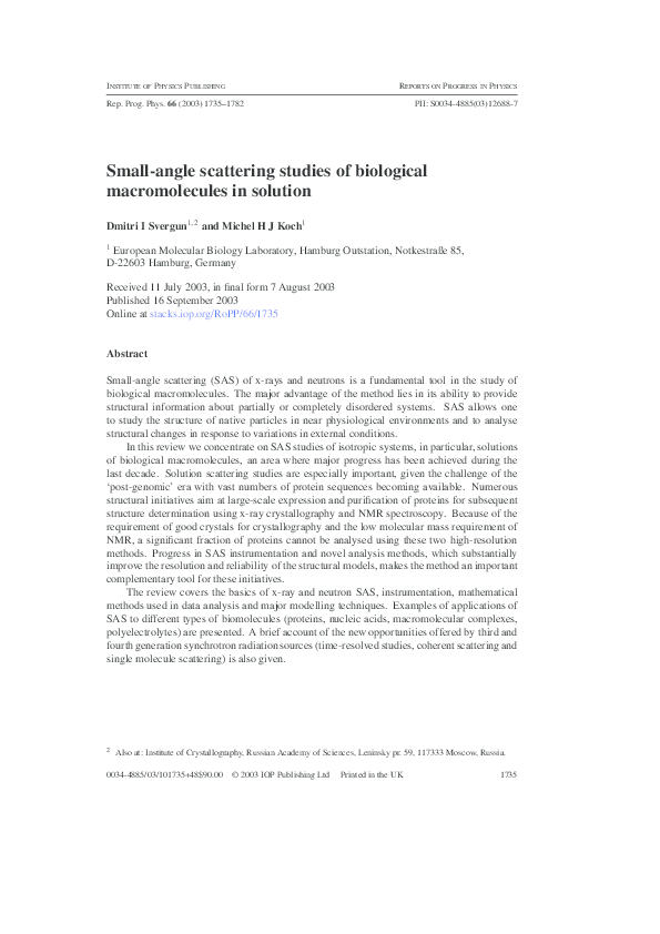 (PDF) Small-angle scattering studies of biological macromolecules in ...