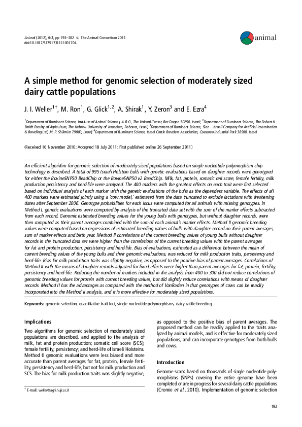 Pdf A Simple Method For Genomic Selection Of Moderately Sized Dairy Cattle Populations