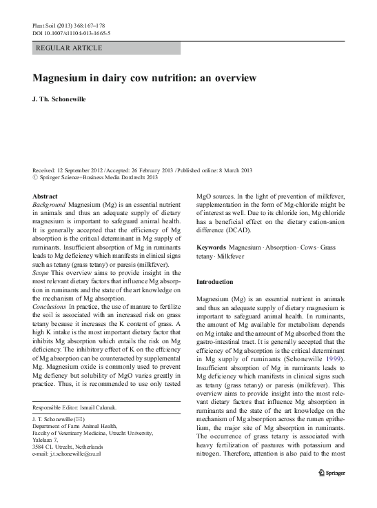 (PDF) Magnesium in dairy cow nutrition: an overview