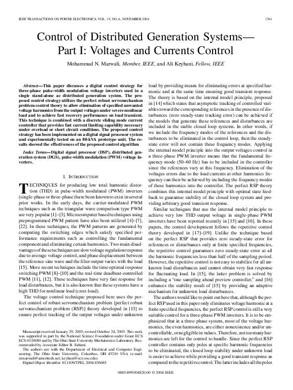 (PDF) Control of Distributed Generation Systems— Part I: Voltages and Currents Control