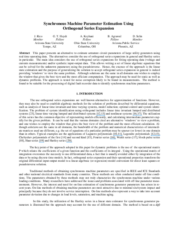 Pdf Synchronous Machine Parameter Estimation Using The Hartley Series