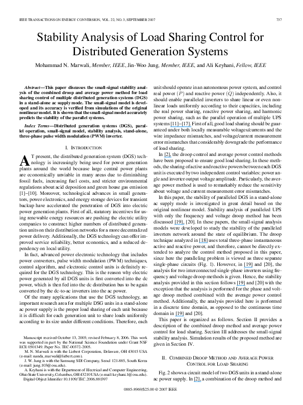 (PDF) Stability Analysis of Load Sharing Control for Distributed Generation Systems