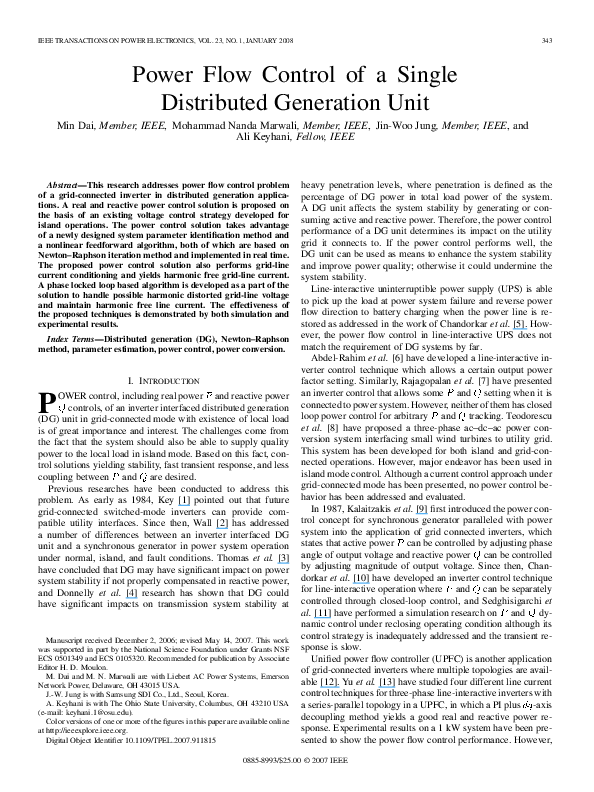 (PDF) Power Flow Control of a Single Distributed Generation Unit | Ali Keyhani - Academia.edu