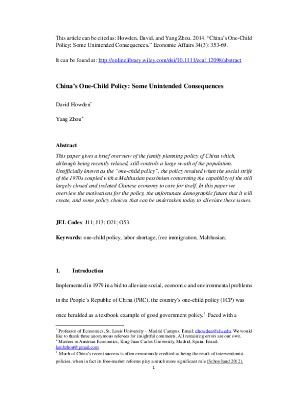 (PDF) China's One-Child Policy: Some Unintended Consequences
