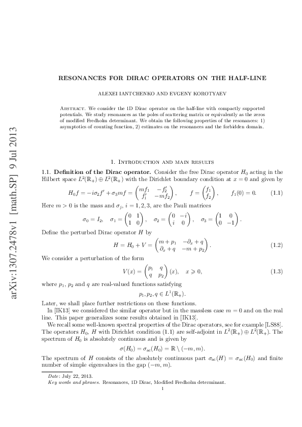 (PDF) Resonances for Dirac operators on the half-line