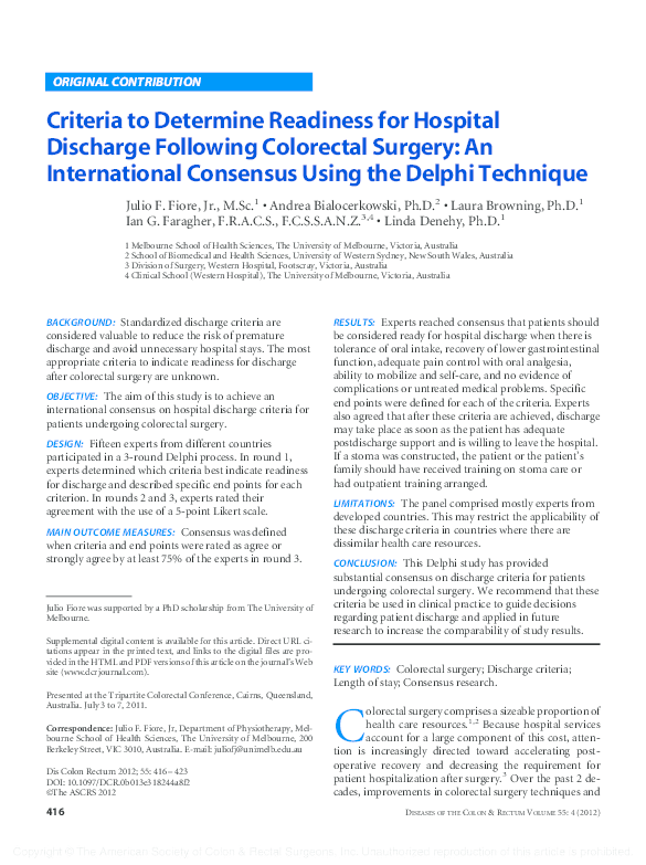 (PDF) Criteria to Determine Readiness for Hospital Discharge Following ...