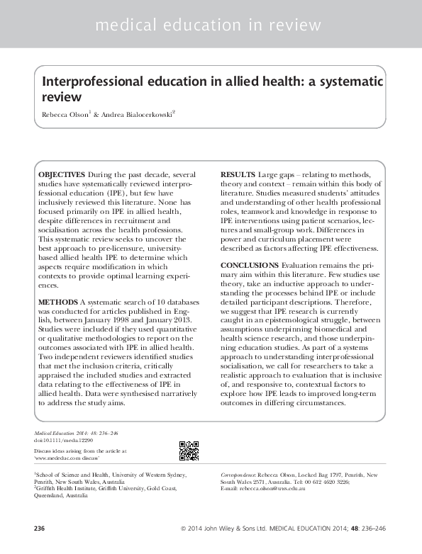 (PDF) Interprofessional education in allied health: a systematic review