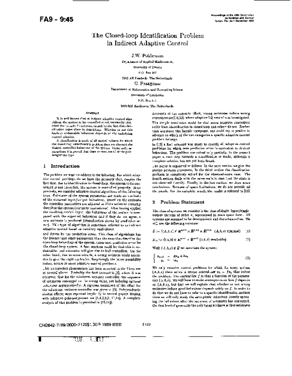 Pdf The Closed Loop Identification Problem In Indirect Adaptive Control