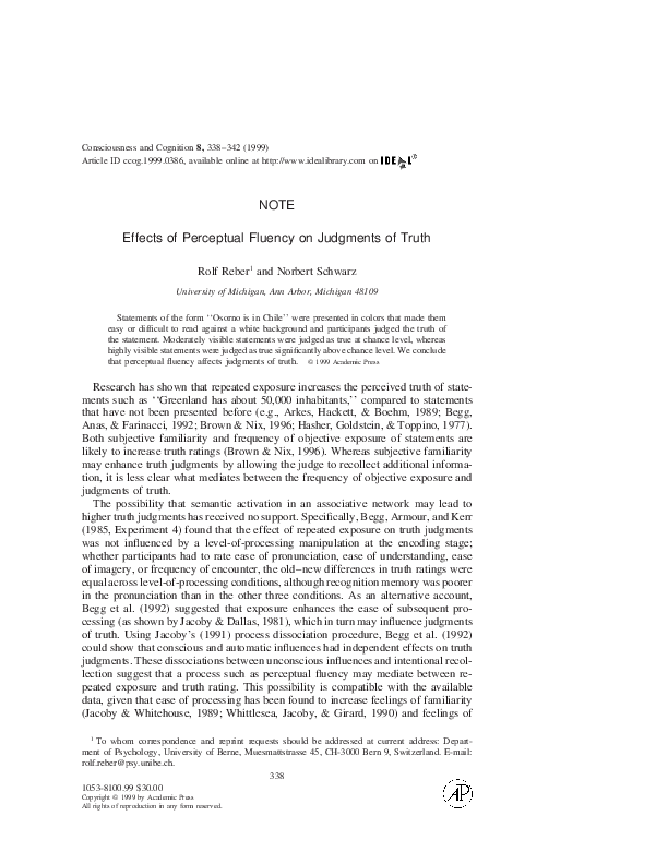 (PDF) Effects of Perceptual Fluency on Judgments of Truth