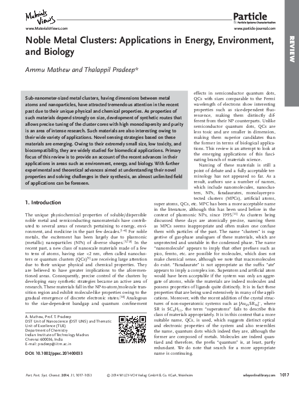 (PDF) Noble Metal Clusters: Applications in Energy, Environment, and ...