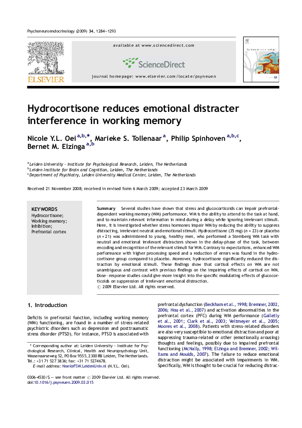 (PDF) Hydrocortisone reduces emotional distracter interference in working memory