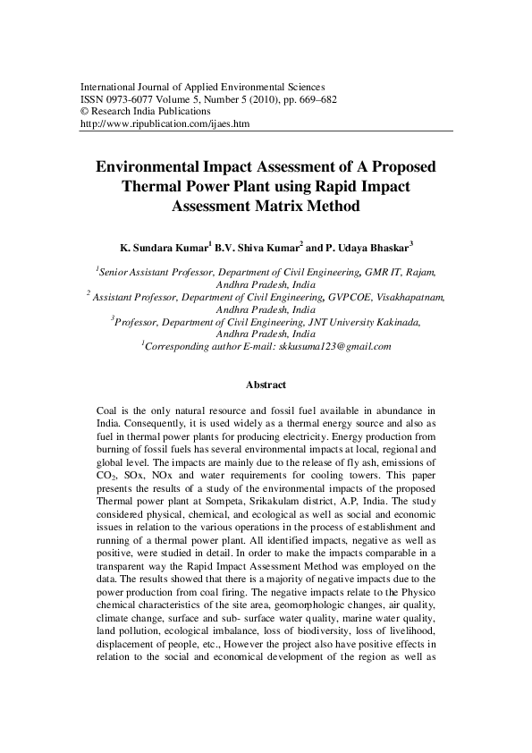 (PDF) Environmental Impact Assessment of A Proposed Thermal Power Plant ...
