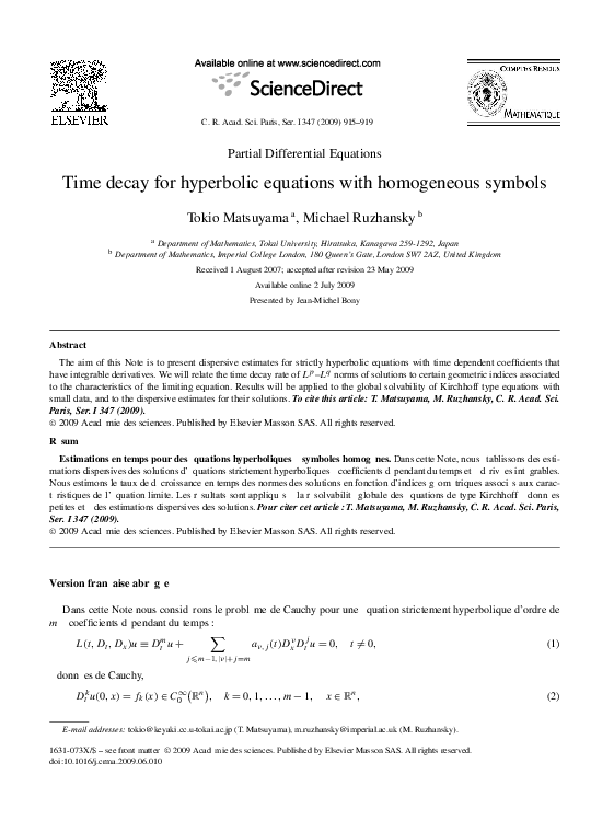 (PDF) Time decay for hyperbolic equations with homogeneous symbols