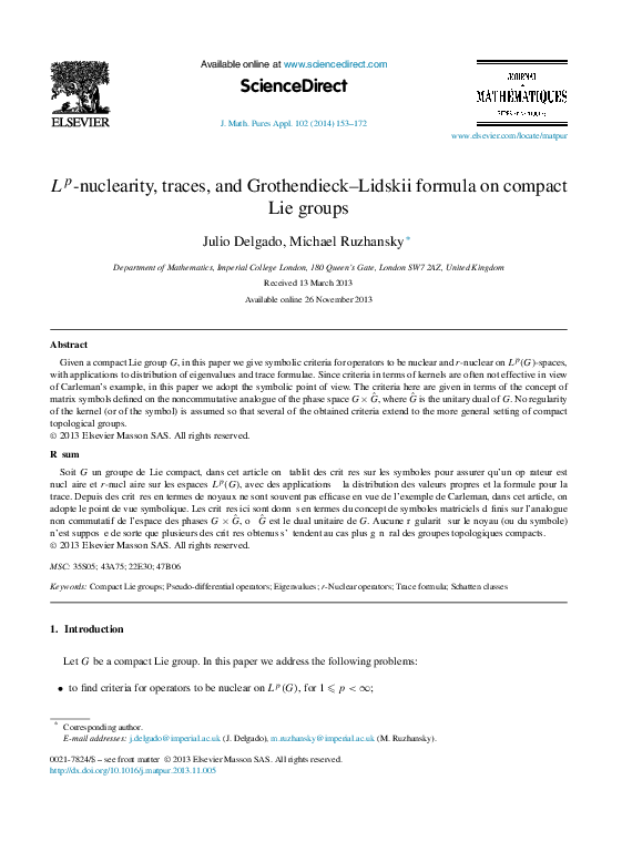 (PDF) Lp-Nuclearity, traces, and Grothendieck-Lidskii formula on compact Lie groups | Michael ...