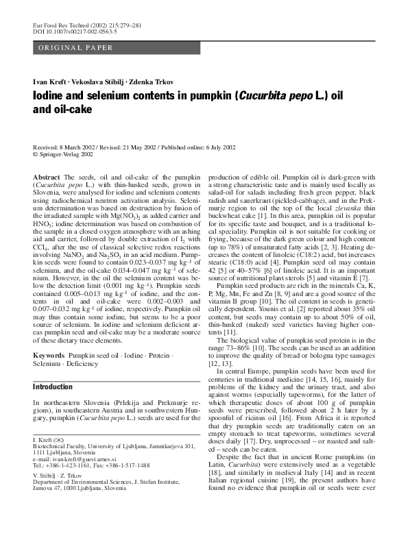 (PDF) Iodine and selenium contents in pumpkin ( Cucurbita pepo L.) oil ...
