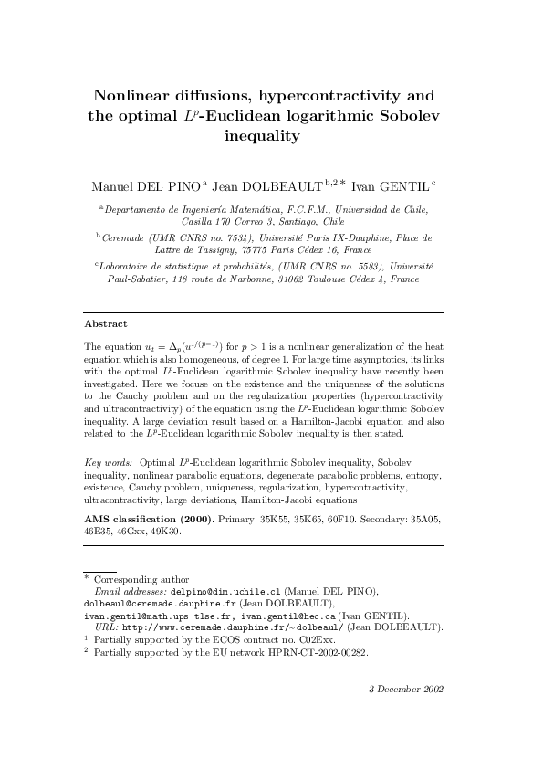 Pdf Nonlinear Diffusions Hypercontractivity And The Optimal Lp Euclidean Logarithmic Sobolev