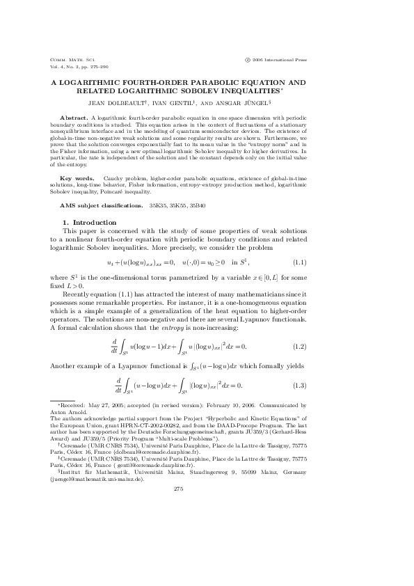Pdf A Logarithmic Fourth Order Parabolic Equation And Related Logarithmic Sobolev Inequalities