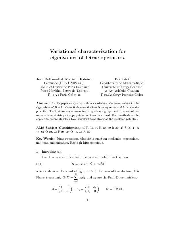 (PDF) Variational characterization for eigenvalues of Dirac operators