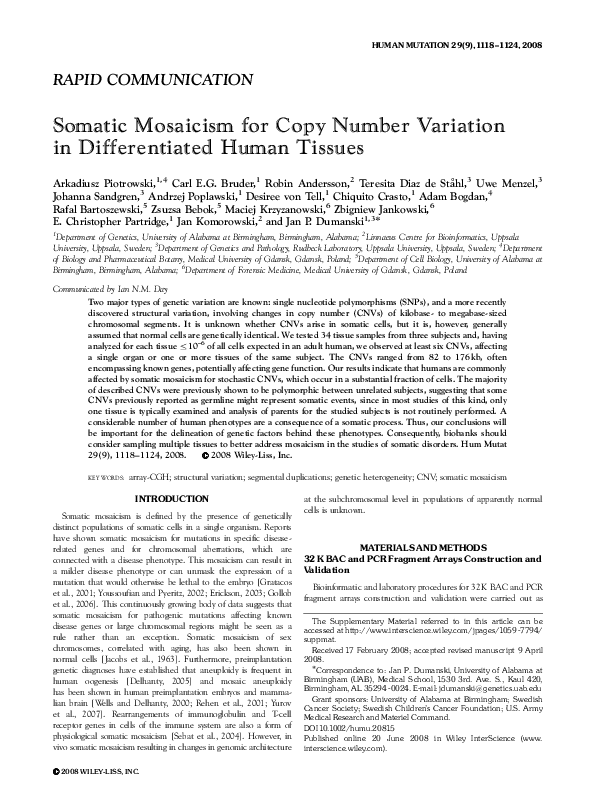 (PDF) Somatic mosaicism for copy number variation in differentiated human tissues