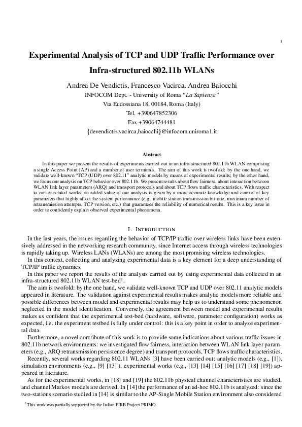(PDF) Experimental Analysis of TCP and UDP Traffic Performance over Infra-structured 802.11 b WLANs