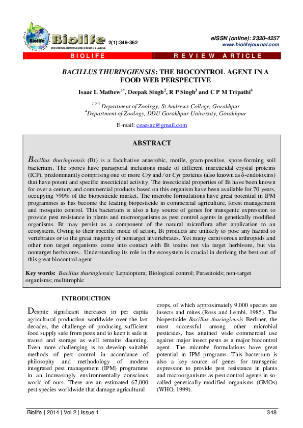 (PDF) BACILLUS THURINGIENSIS: THE BIOCONTROL AGENT IN A FOOD WEB PERSPECTIVE