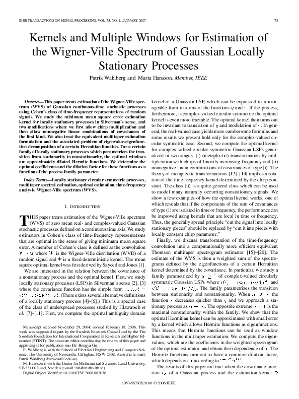 (PDF) Kernels and Multiple Windows for Estimation of the Wigner-Ville Spectrum of Gaussian ...