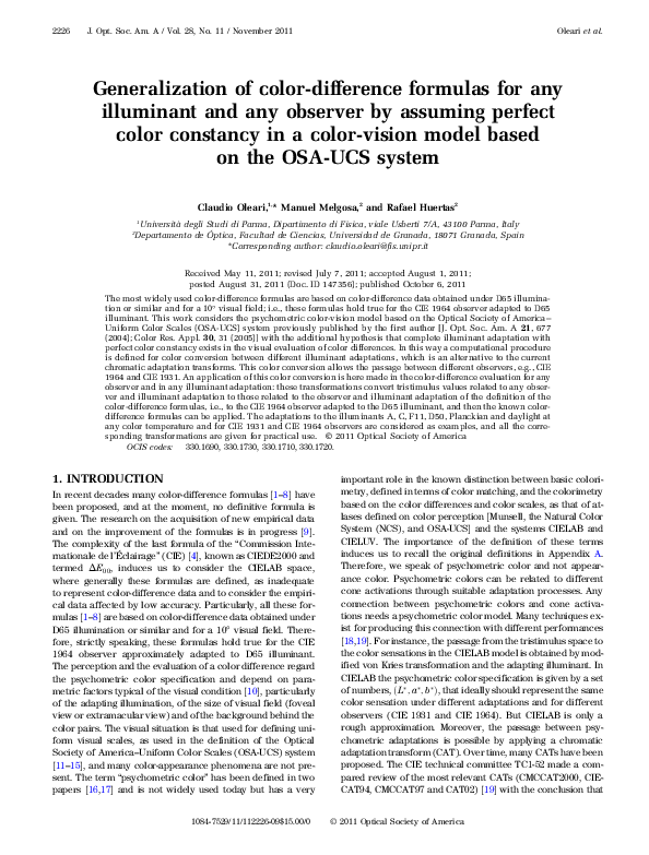 (PDF) Generalization of color-difference formulas for any illuminant and any observer by ...
