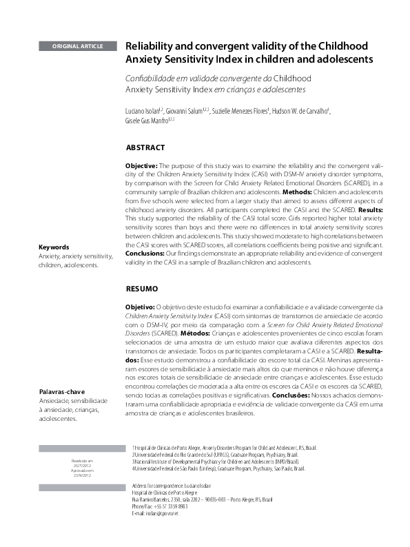 (PDF) Reliability and convergent validity of the Childhood Anxiety Sensitivity Index in children ...