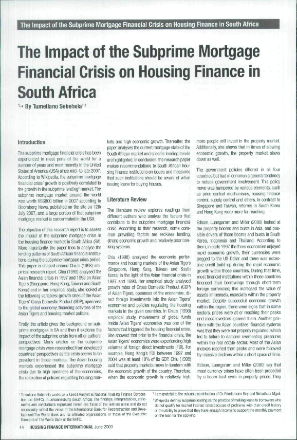 (PDF) The Impact of the Subprime Mortgage Financial Crisis on Housing ...