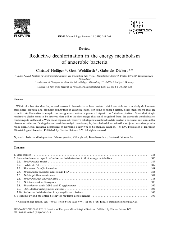 (PDF) Reductive dechlorination in the energy metabolism of anaerobic bacteria