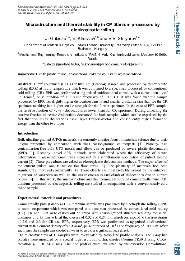 (PDF) Microstructure and Thermal Stability in CP Titanium Processed by ...