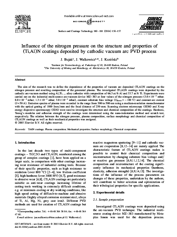 (PDF) Influence of the nitrogen pressure on the structure and properties of (Ti,Al)N coatings ...