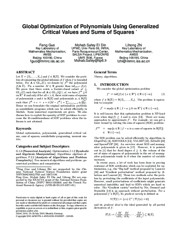 (PDF) Global optimization of polynomials using generalized critical values and sums of squares