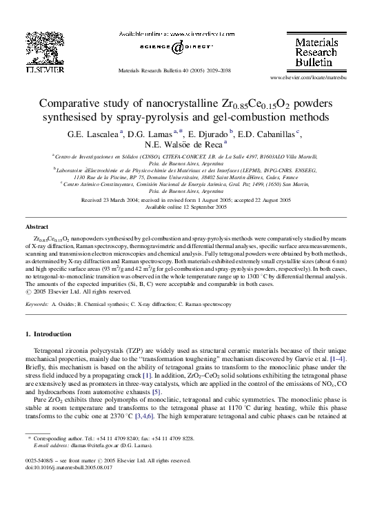 (PDF) Comparative study of nanocrystalline Zr0.85Ce0.15O2 powders synthesised by spray-pyrolysis ...