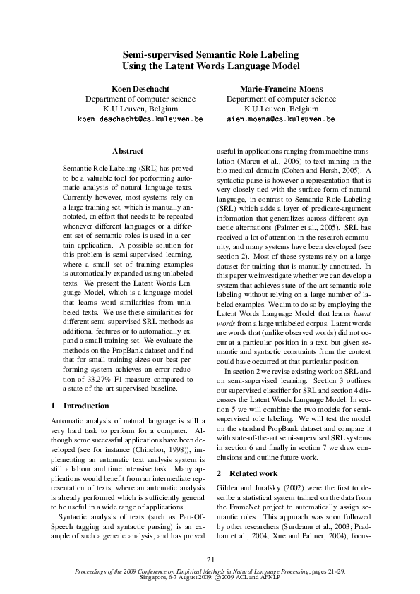 (PDF) Semi-supervised semantic role labeling using the latent words language model