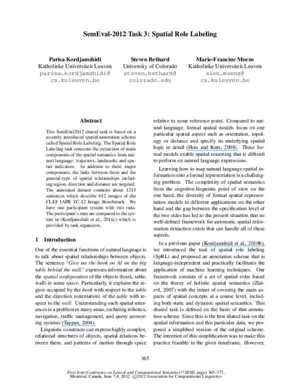 Pdf Semeval 2012 Task 3 Spatial Role Labeling