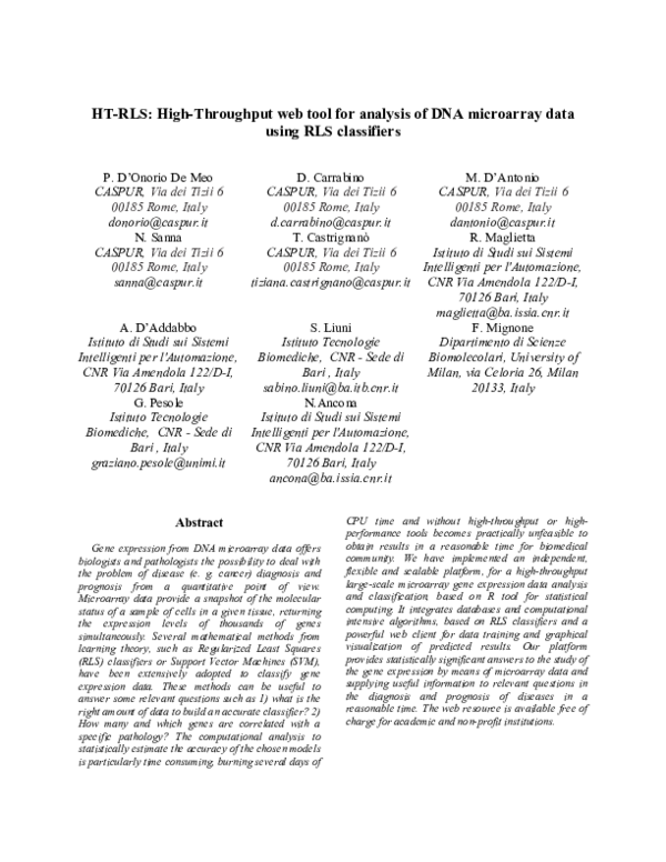 (PDF) HT-RLS: High-Throughput Web Tool for Analysis of DNA Microarray Data Using RLS classifiers
