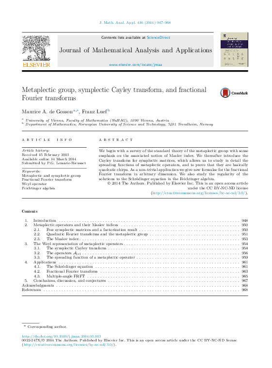 (PDF) Metaplectic group, symplectic Cayley transform, and fractional ...