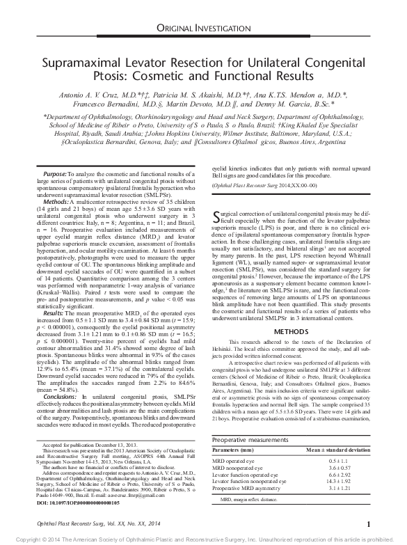 (PDF) Supramaximal Levator Resection for Unilateral Congenital Ptosis
