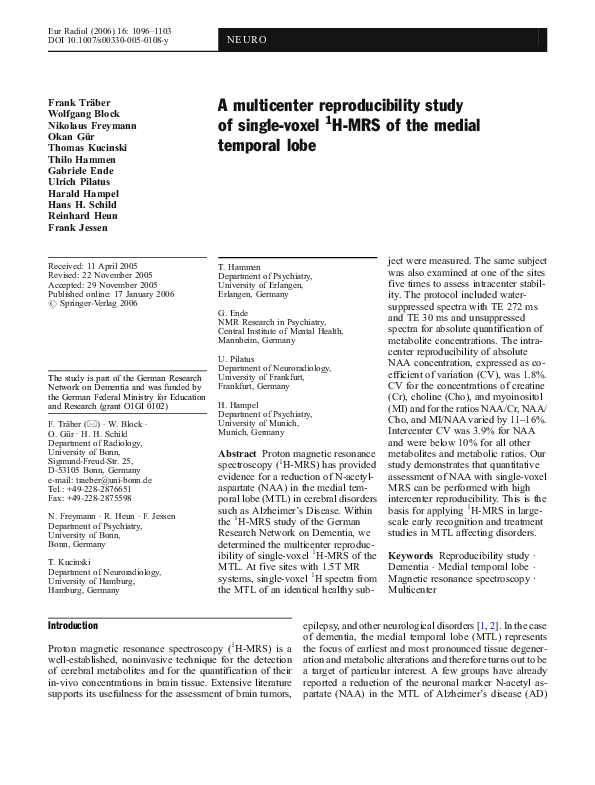 (PDF) A multicenter reproducibility study of single-voxel 1H-MRS of the medial temporal lobe