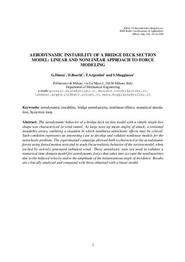 (PDF) Aerodynamic instability of a bridge deck section model: Linear and nonlinear approach to ...