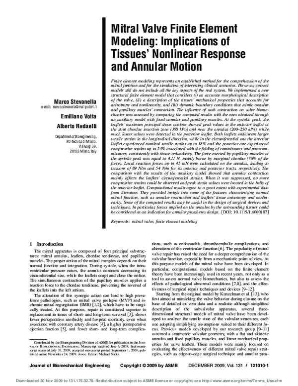 Pdf Mitral Valve Finite Element Modeling Implications Of Tissues