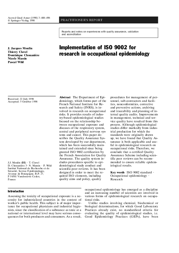 (PDF) Implementation of ISO 9002 for research in occupational epidemiology